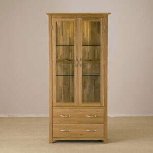 Devon Oak Glass Display Unit With Light & 2 Drawers | Oak World
