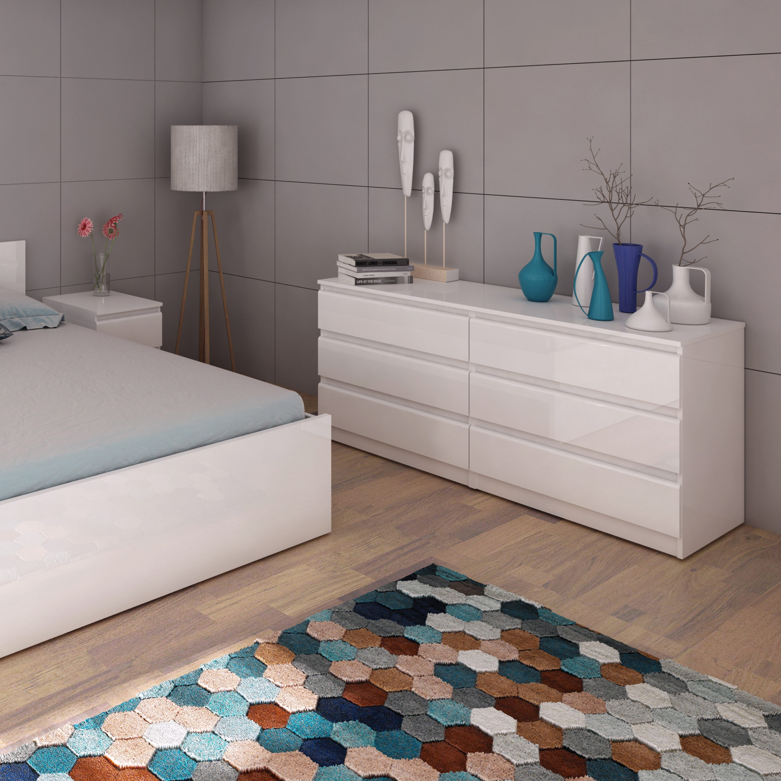 Moderno Wide Chest of 6 Drawers | White High Gloss | Flat Pack Furniture