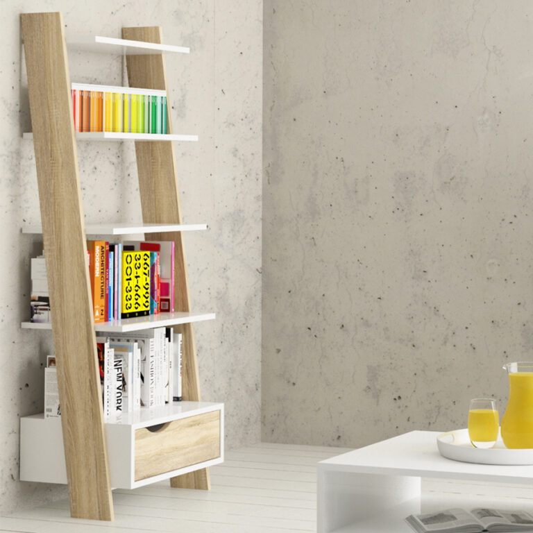 Oslo Leaning Bookcase With 1 Drawer | White and Oak | Self Assembly ...