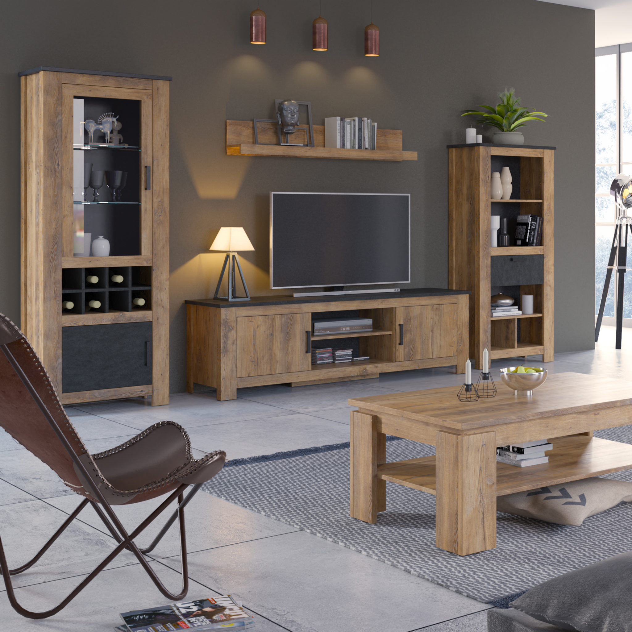 Compton 2 Door Wide TV Cabinet | Chestnut and Matera Grey | Self ...