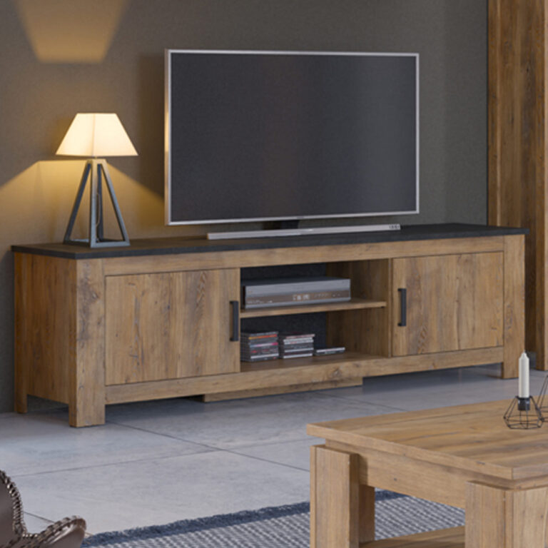 Compton 2 Door Wide TV Cabinet | Chestnut and Matera Grey | Oak World