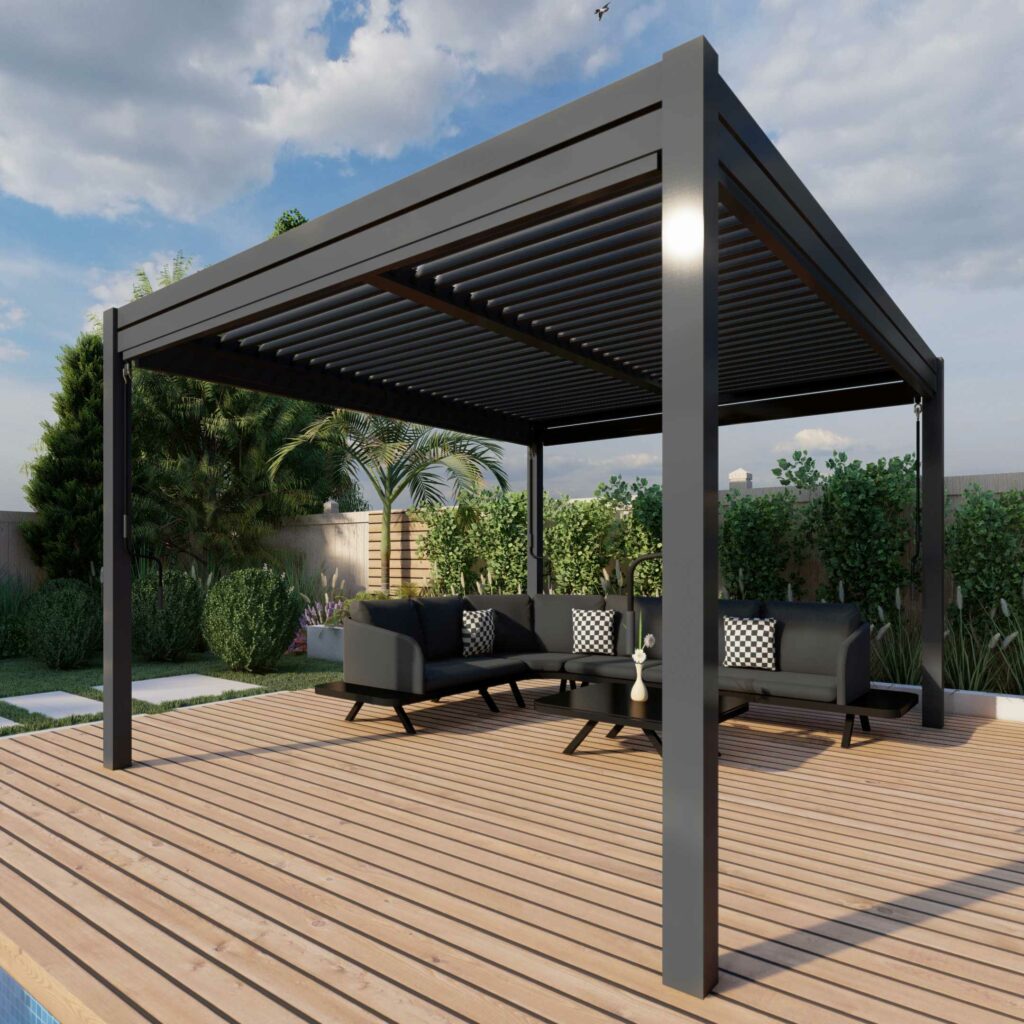 Maze Pergola Aluminium Square 3 x 3m with 4 Drop Sides | Grey | Oak World