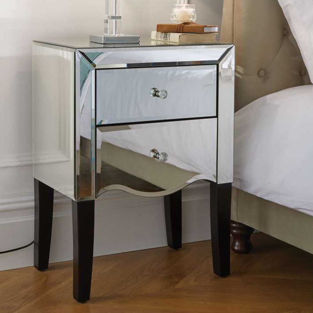 Silver Inza 2 Drawer Bedside Mirrored Oak World