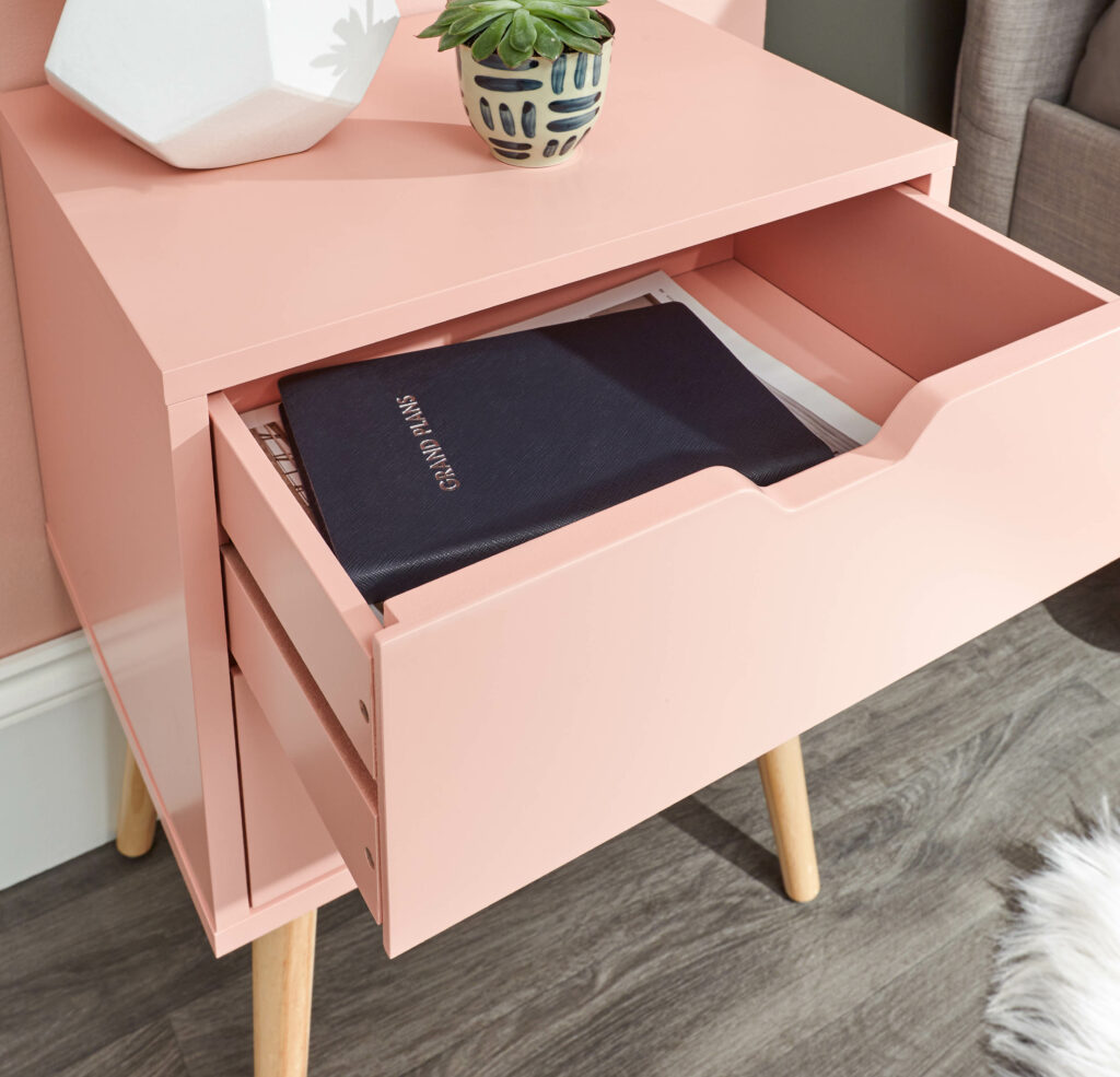 Kathmandu 2 Drawer Bedside Cabinet | Coral Pink | Self Assembly | Oak World