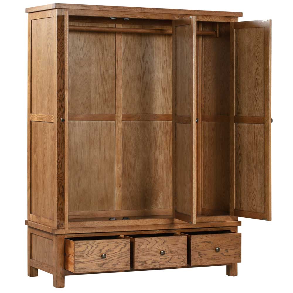 Wynyard Rustic Triple Wardrobe With 3 Drawers | Oak World