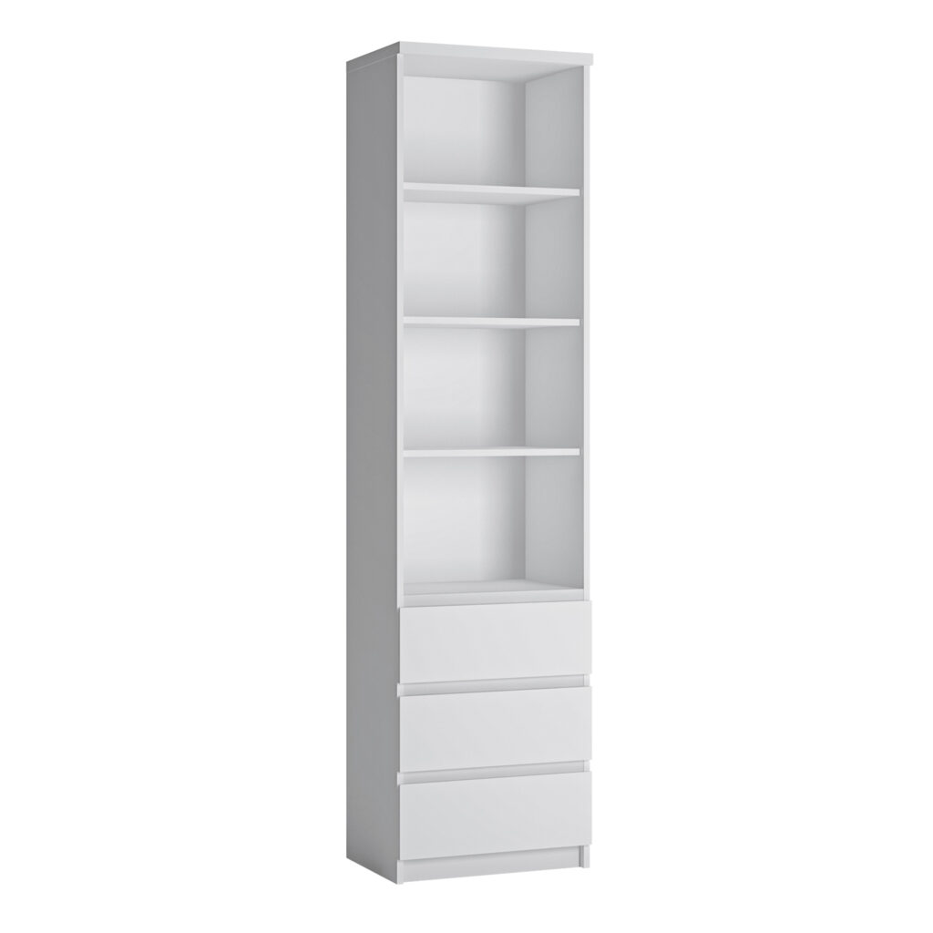 Birtley Tall Narrow 3 Drawer Bookcase in White | Self Assembly | Oak World