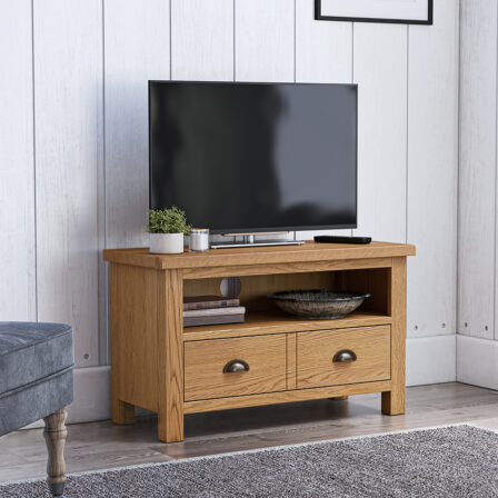 Ancroft Waxed Oak Small TV Unit | Fully Assembled | Oak World