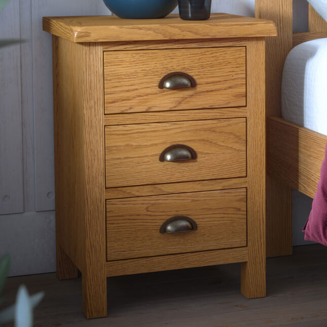Ancroft Waxed Oak 3 Drawer Bedside Cabinet | Assembled | Oak World
