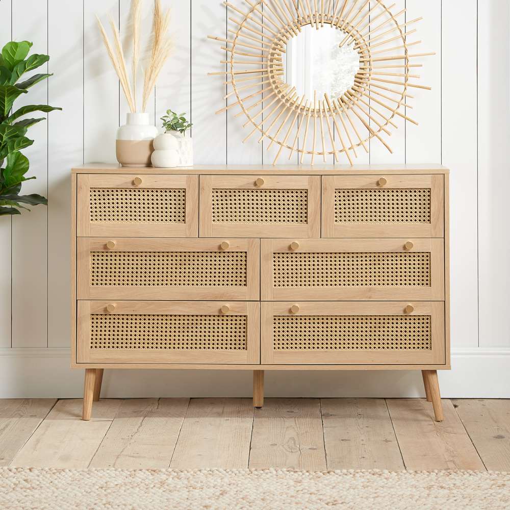 Chigwell 7 Drawer Rattan Chest Oak | Assembly Required | Oak World
