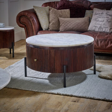 Chardale Mango Wood Round Fluted Coffee Table With Marble Top & Metal ...