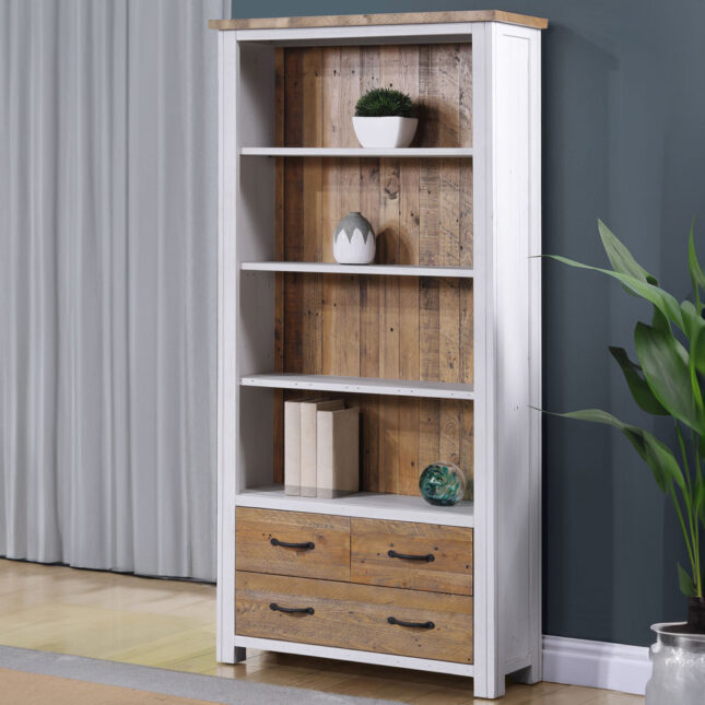 White Barkingside Large Open Bookcase with Drawers | Assembled | Oak World