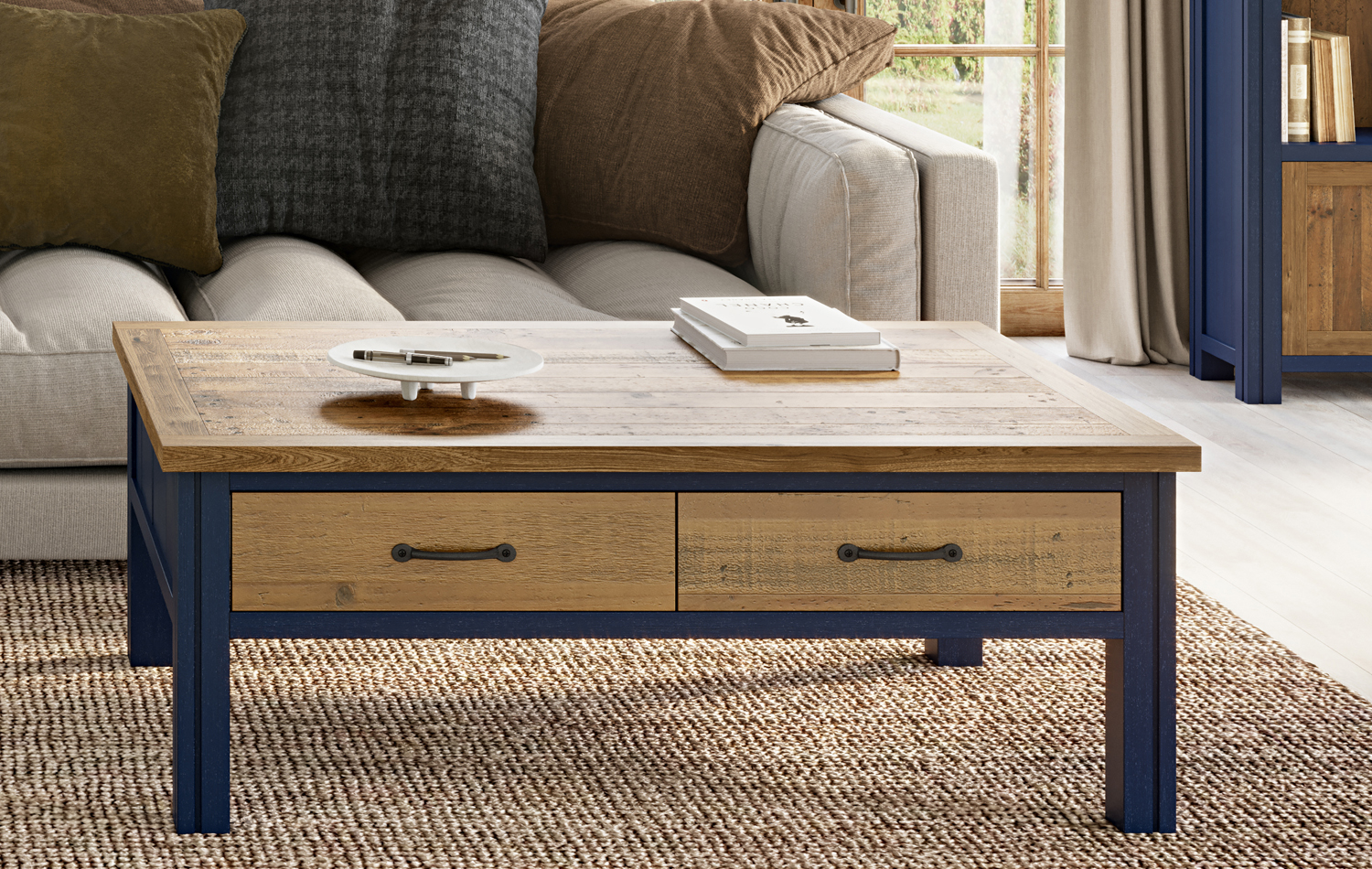 Blue Debden Coffee Table With Four Drawers | Fully Assembled | Oak World