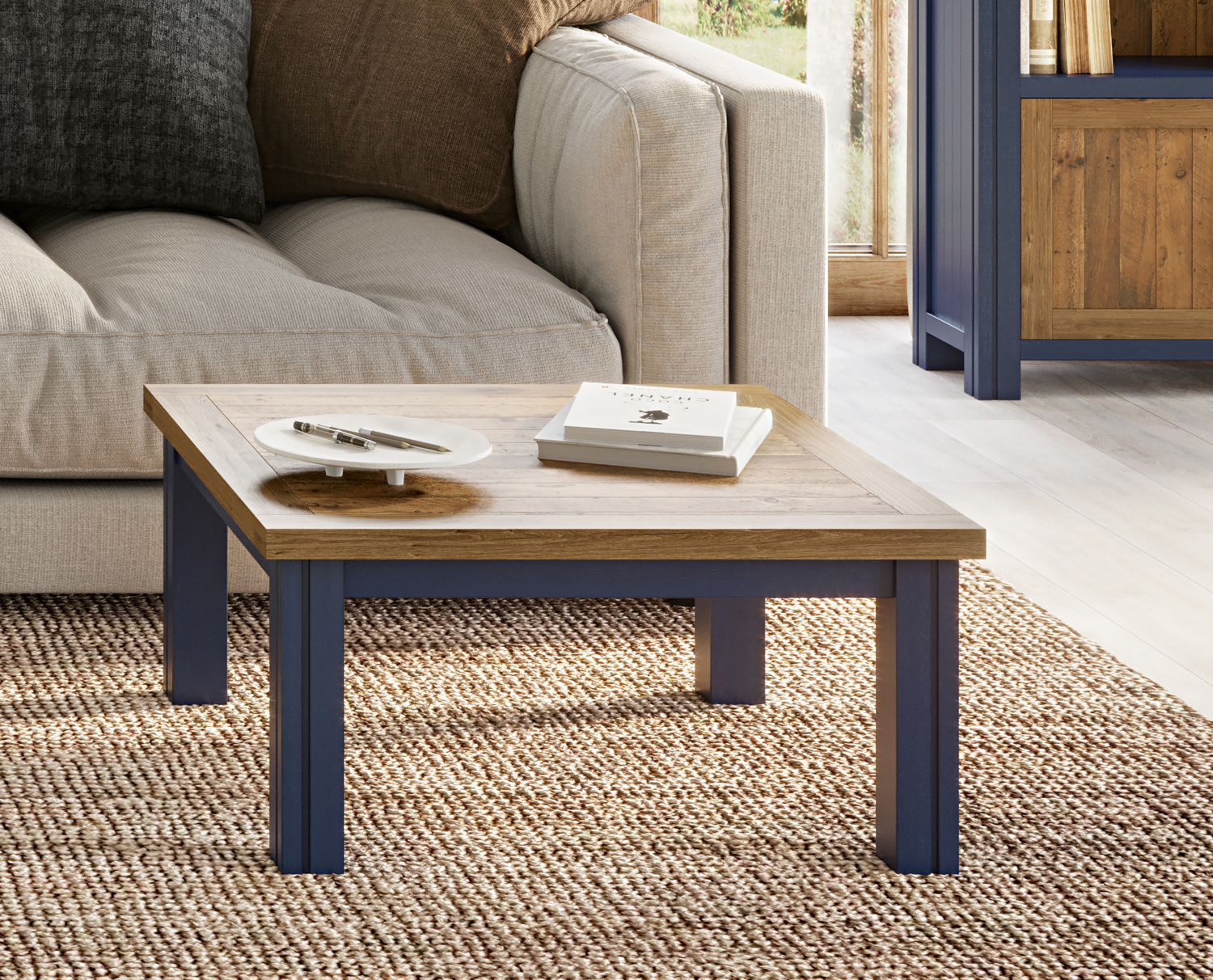 Blue Debden Low Square Coffee Table Fully Assembled Oak World