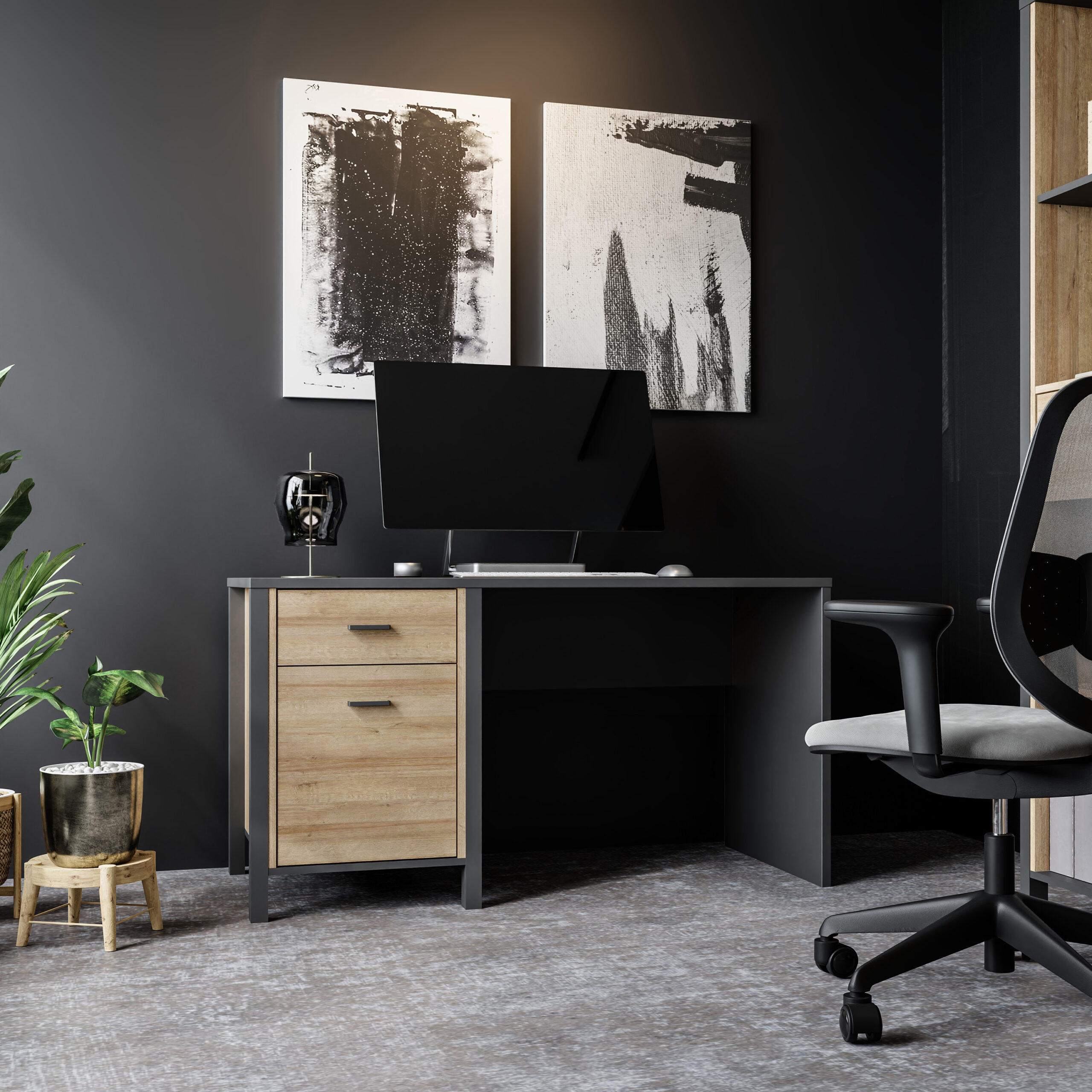 Hard Rock Desk in Matt Black/Riviera Oak | Self Assembly | Oak World