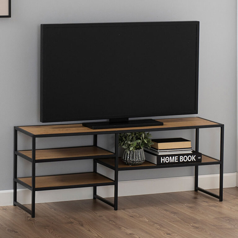Milford Black Metal Open TV Unit with 3 Oak Shelves | Oak World