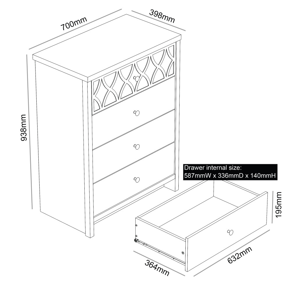 White Orianna 4 Drawer Chest with Mirror Assembly Required Oak World
