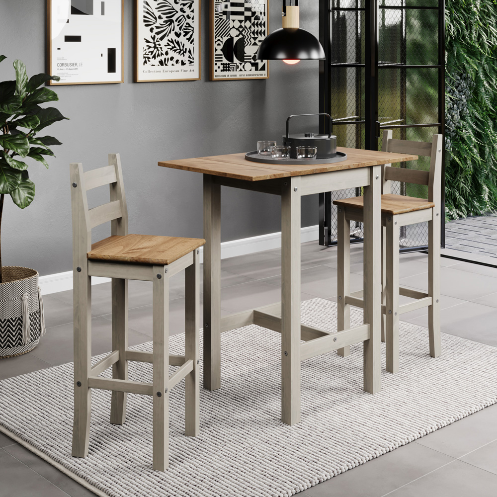 Azusa Grey Square High Breakfast Bar Drop Leaf Table & Pair Bar Chair ...