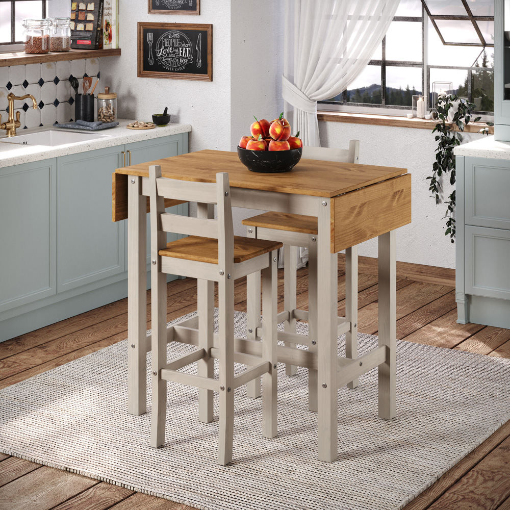 Azusa Grey Square High Breakfast Bar Drop Leaf Table & Pair Bar Chair ...