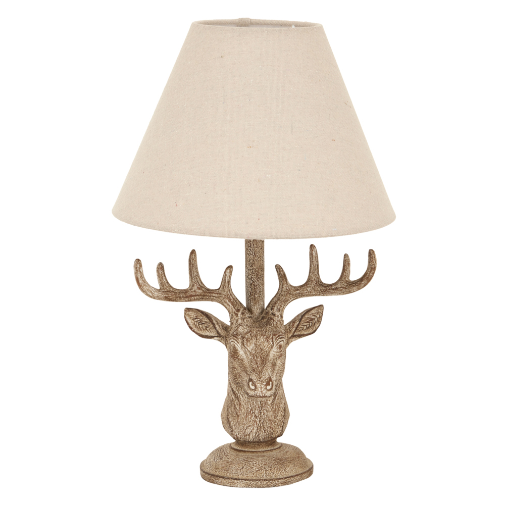 Stonewashed Stag Head Table Lamp With Linen Shade | Self Assembly | Oak World