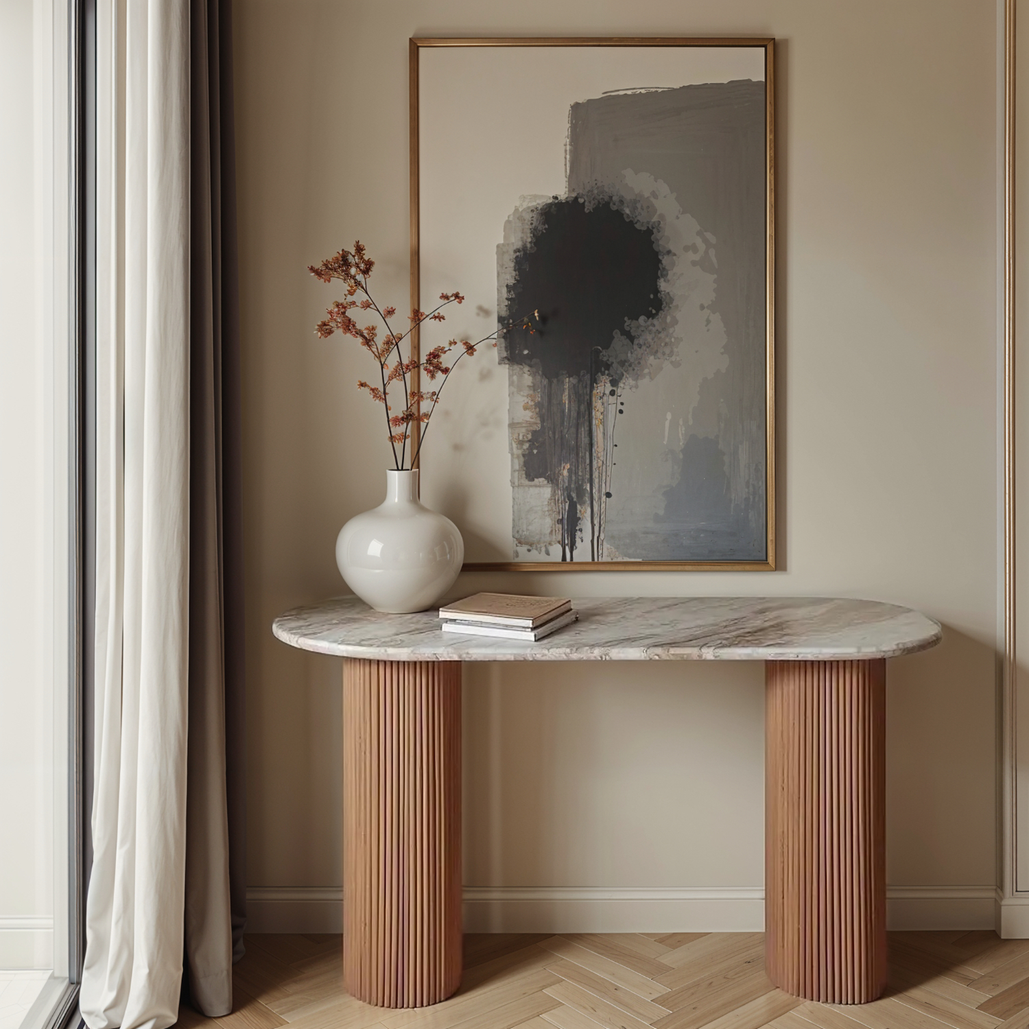 Nava Natural Marble & Wood Pedestal Console Table | Oak World